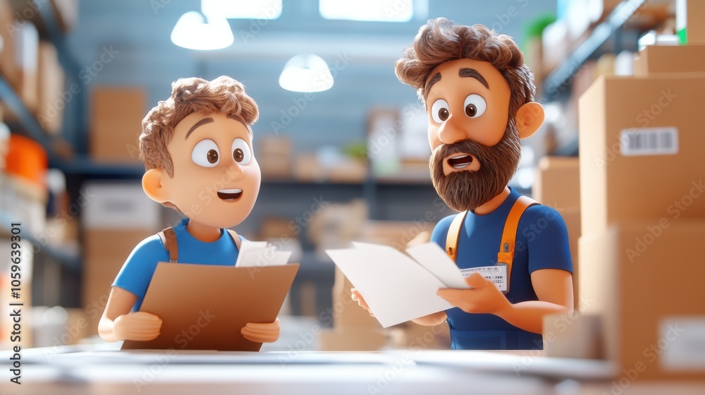 Two animated warehouse workers engaging in a lively discussion over ...