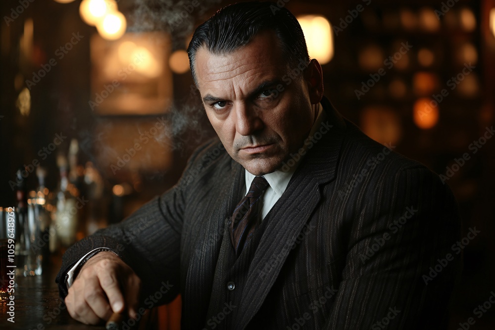 A middle-aged gangster man in a dark suit and tie, leaning against a ...