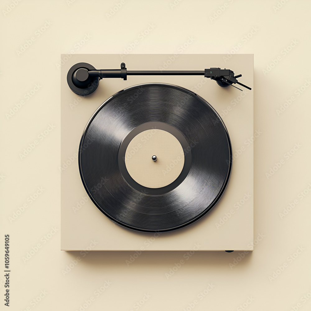 Minimalist Turntable with Black Vinyl Record on Beige Backdrop ...