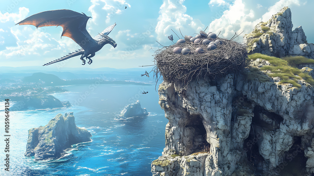 Dragon s roost on a cliff, overlooking a vast ocean, with nests and ...