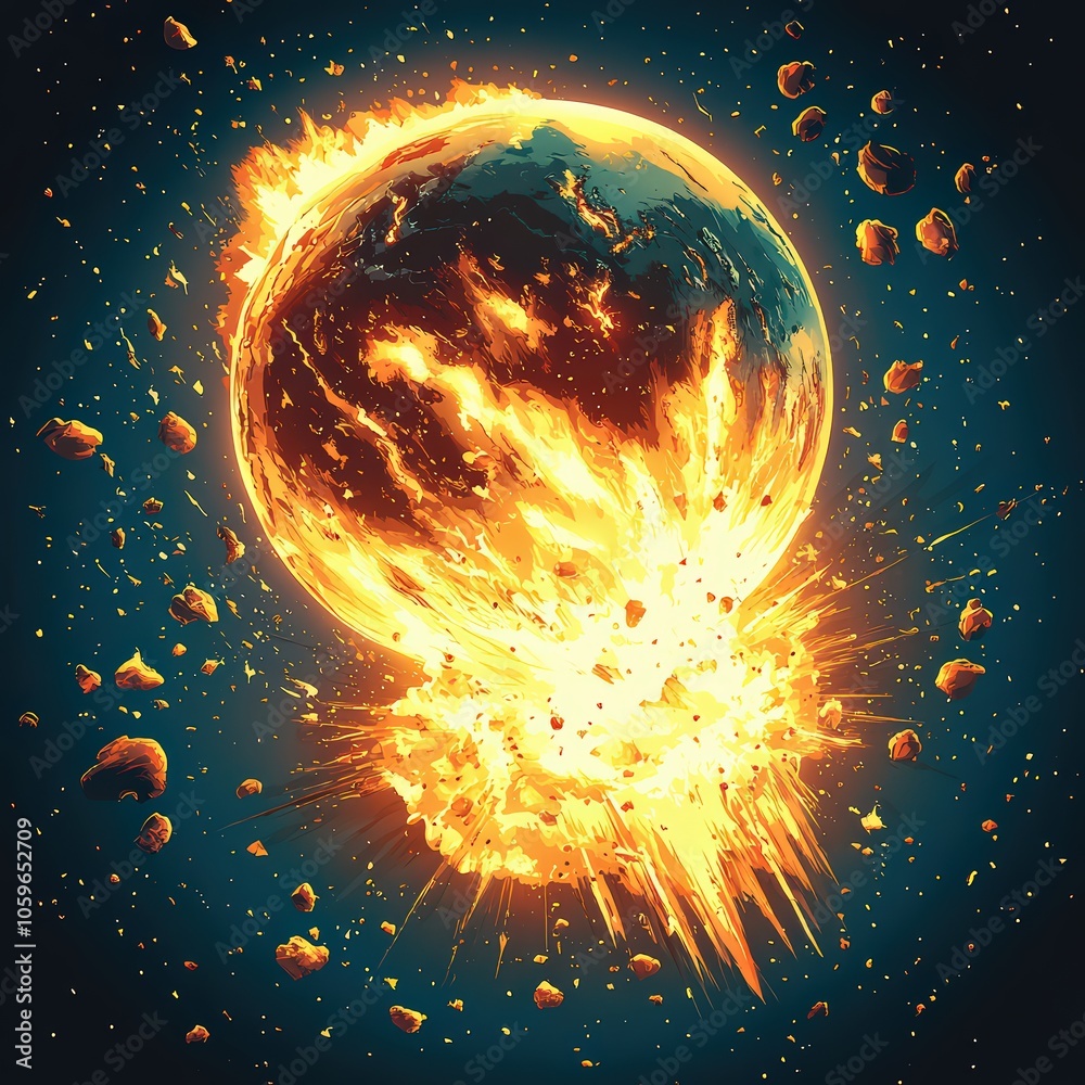 Vector of a meteor strike hitting Earth with a fiery impact Stock ...