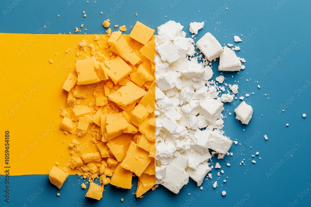 This image shows crumbled cheddar and feta cheese against a background ...