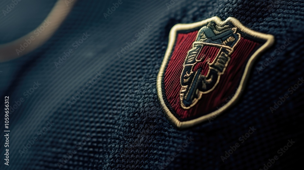 Close-up of a red and gold embroidered shield patch on a dark blue ...