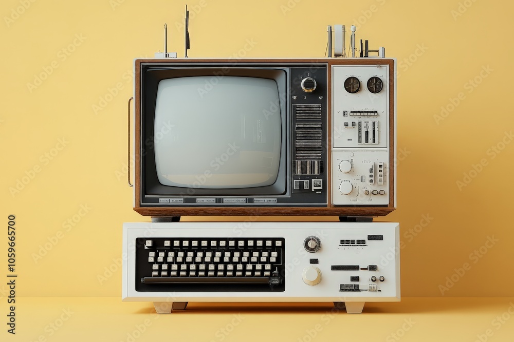 An old television with dials and knobs, combined with a control panel ...