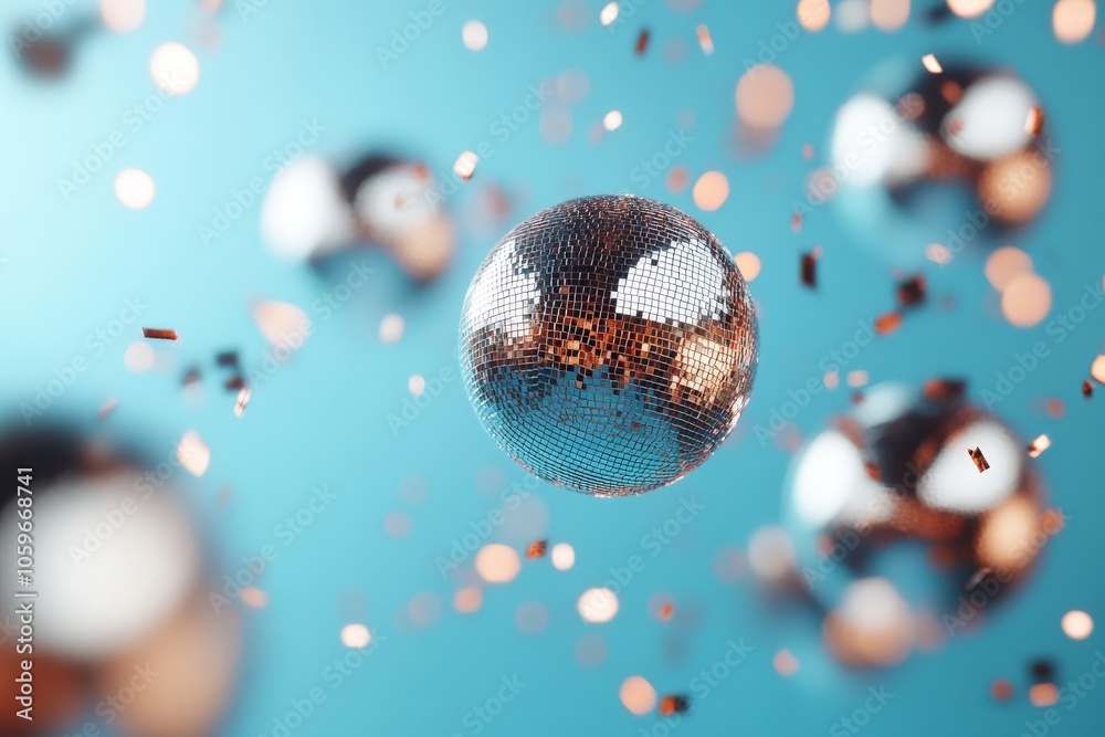 This captivating image shows shimmering disco balls floating against a ...