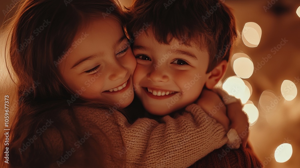 Siblings embrace warmly, sharing a joyful moment in soft lighting ...