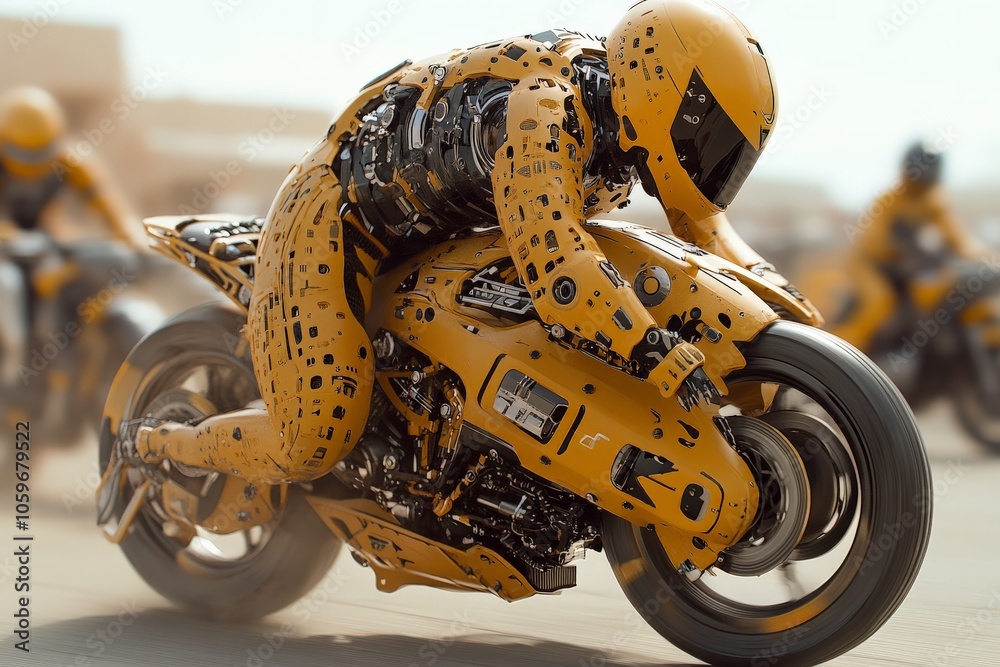 Highly advanced, yellow robotic motorcycle with a rider leaning forward ...
