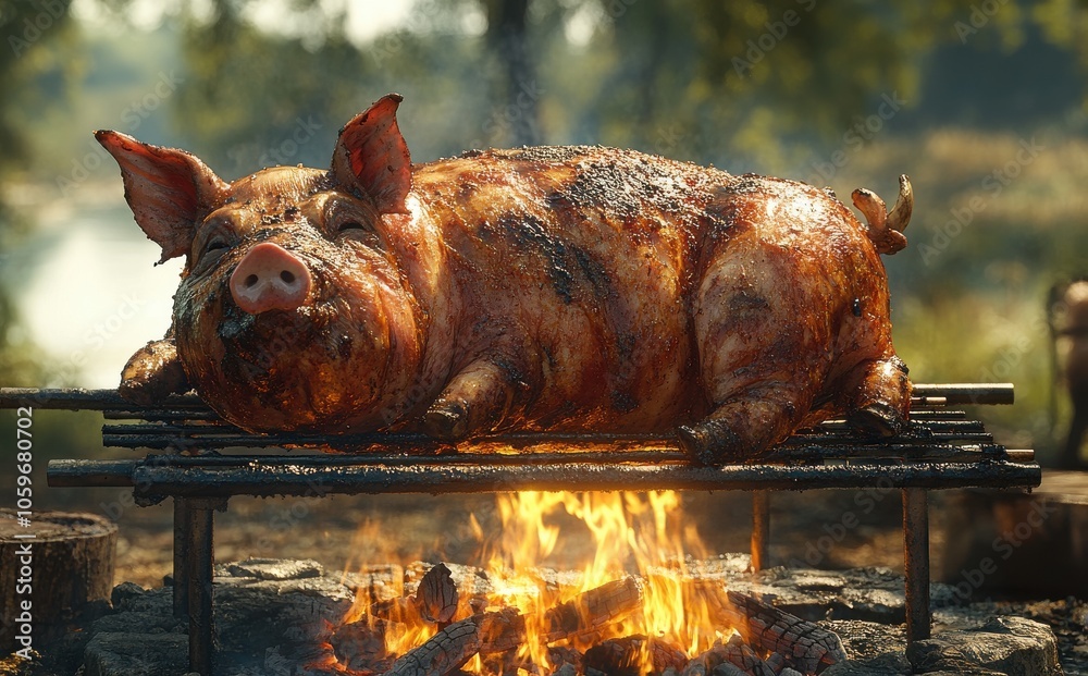 Whole pig roasting over open flame in outdoor barbecue setting Stock ...