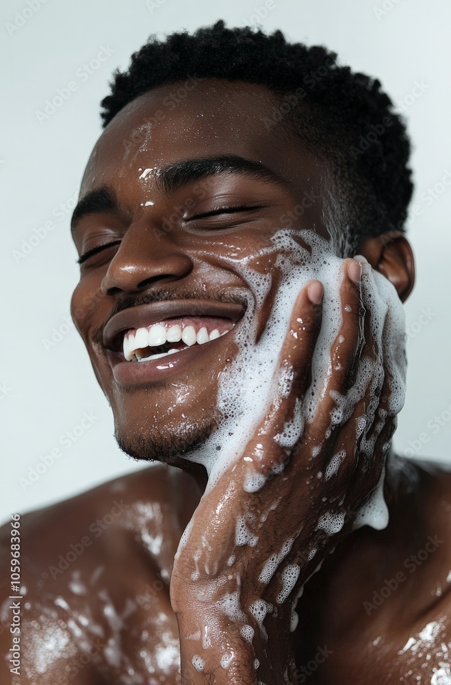 A young man enjoys an invigorating face wash with foamy soap ...