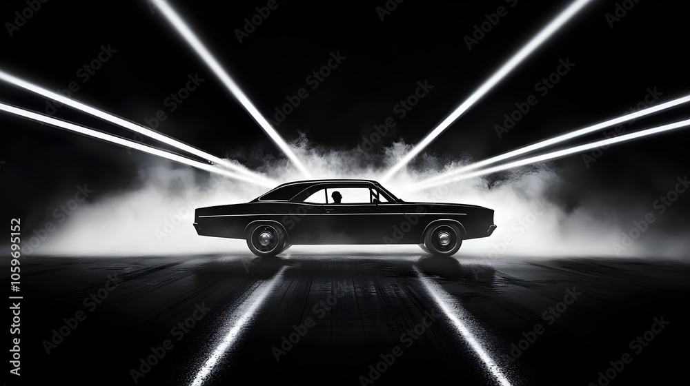Vintage police car driving fast in the night fog, classic black-and ...