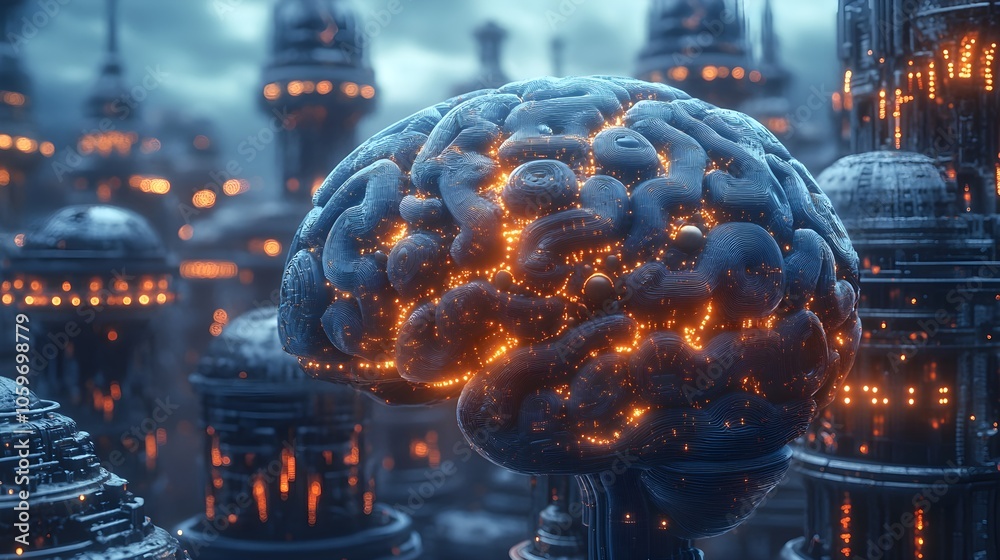 Mechanical human brains with interconnected gears, illuminated by soft ...