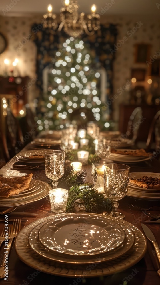 Elegant and cozy Christmas dinner table setting featuring a lavish ...