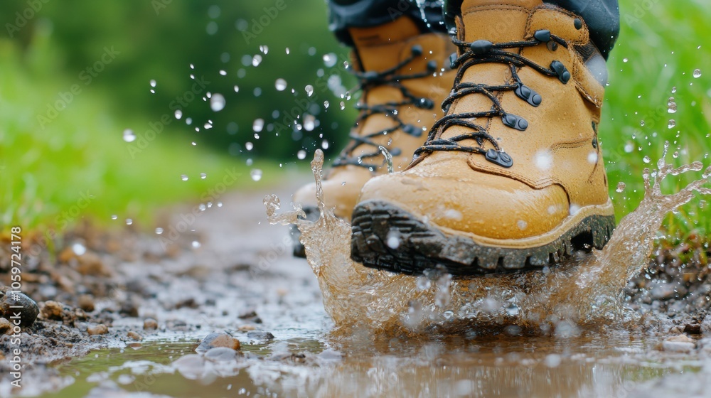Hiking boots splash through a muddy puddle on a vibrant green trail, AI Stock Photo | Adobe Stock