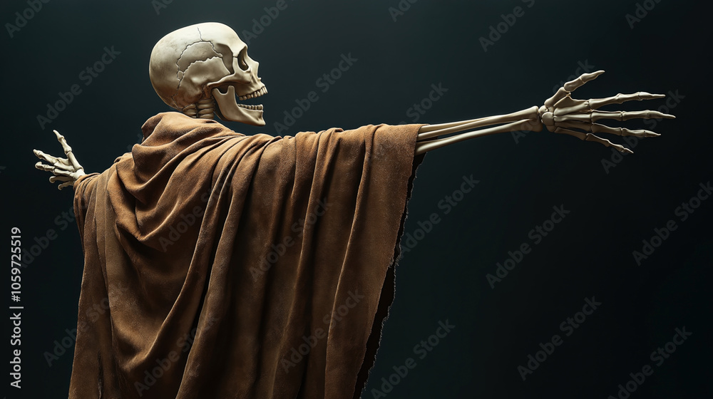 Artistic depiction of a skeleton wrapped in a brown cloak with arms ...