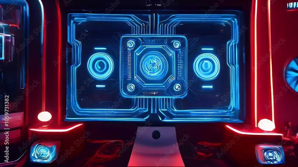 A gaming setup with two computer towers lit with neon lights. The setup has a desktop computer ...