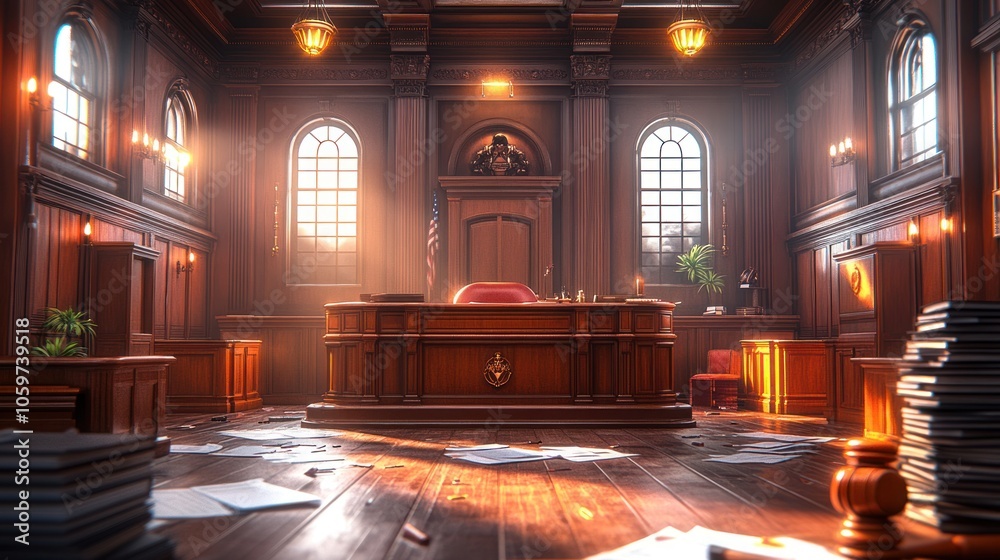 A grand, wood-paneled courtroom with a large desk and stacks of legal ...