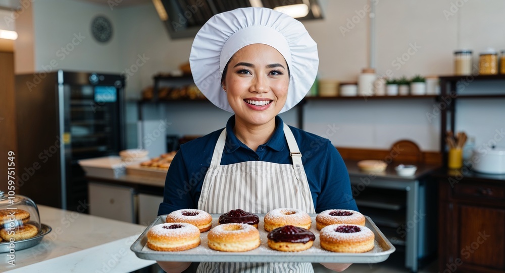 Indonesian baker holding tray of pastries happy expression wearing ...