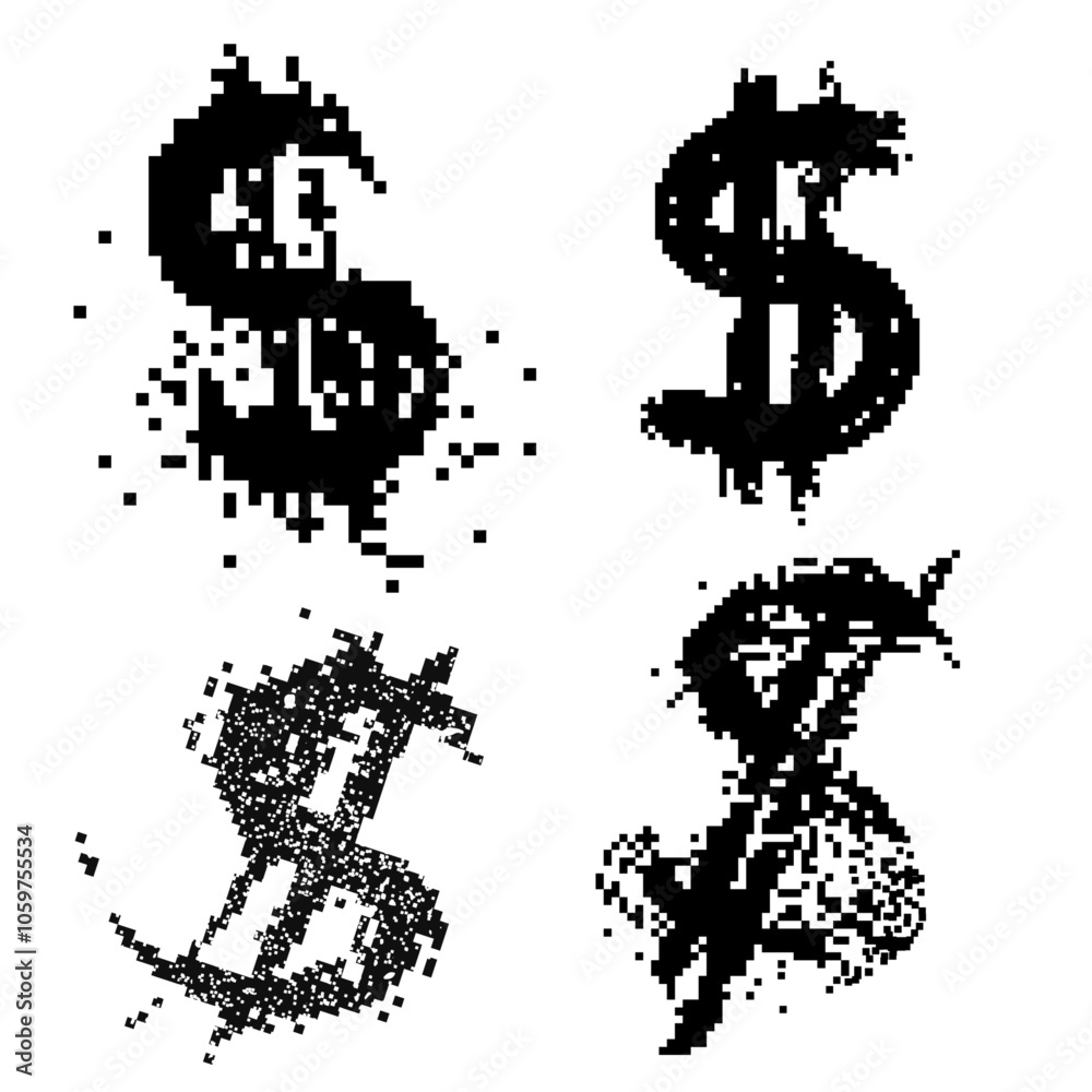 Dollar. Collection of dollar symbols. Pixel art. Modern pixel aesthetic ...