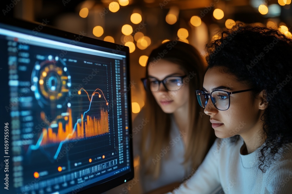 Two committed analysts with an illuminated backdrop work together on ...