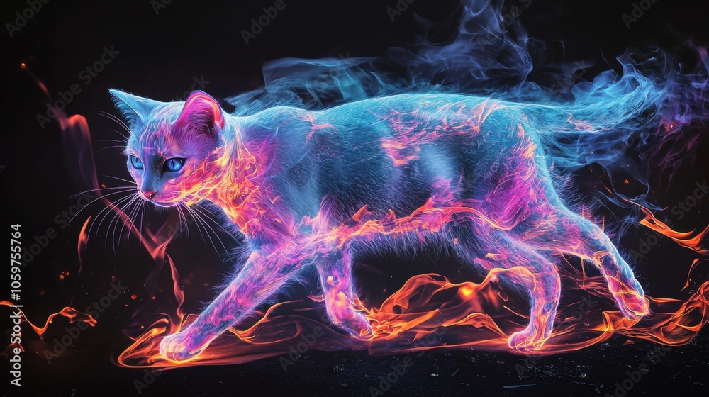 Flame Cat: A Feline Fantasy in Fire and Motion Stock Illustration ...