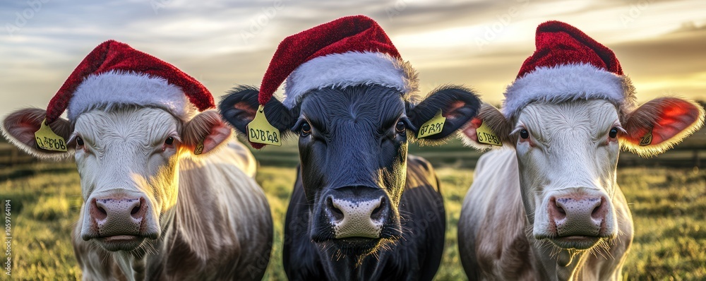Three Cute Cows in Santa Hats Celebrating Festive Season in the Green ...