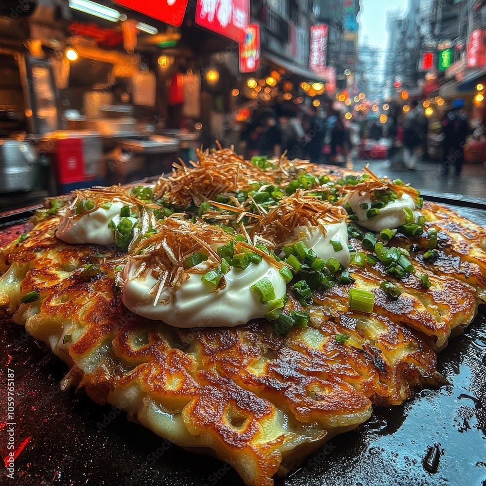 Delicious Okonomiyaki in Bustling Japanese Street Market Scene with ...