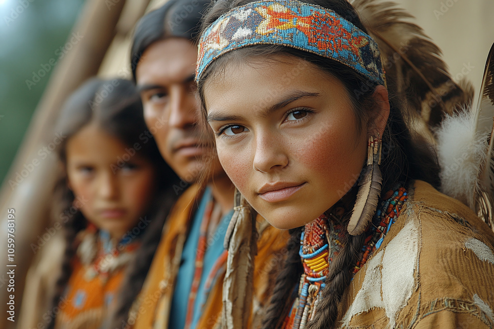 a Native American family in traditional clothing, standing in front of ...