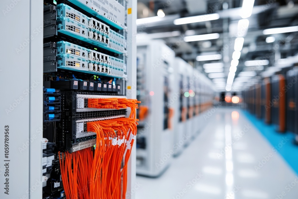 This image captures network cables neatly organized on a server panel, illustrating efficient ...