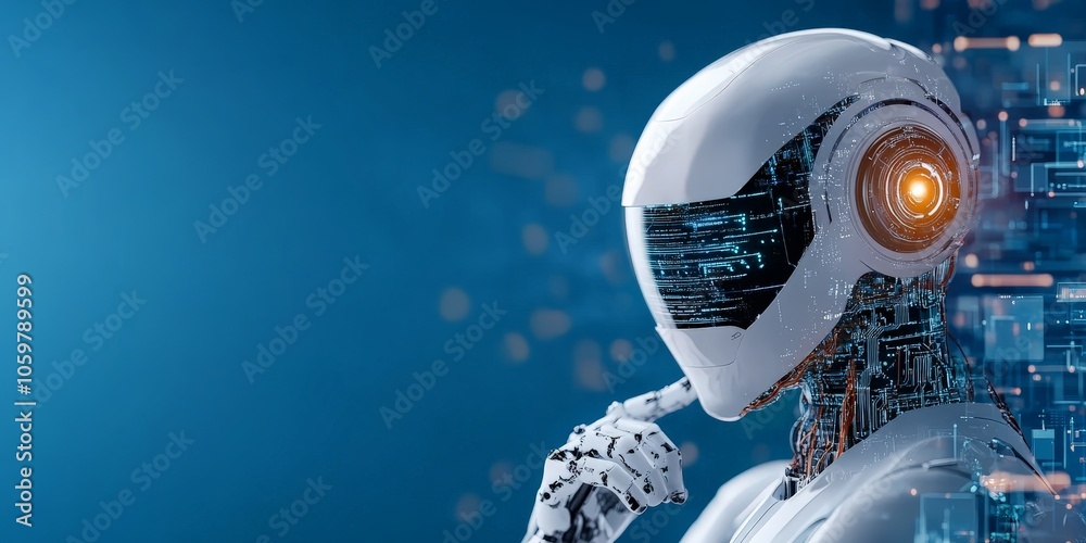 An advanced robot with a reflective pose against a backdrop of digital ...