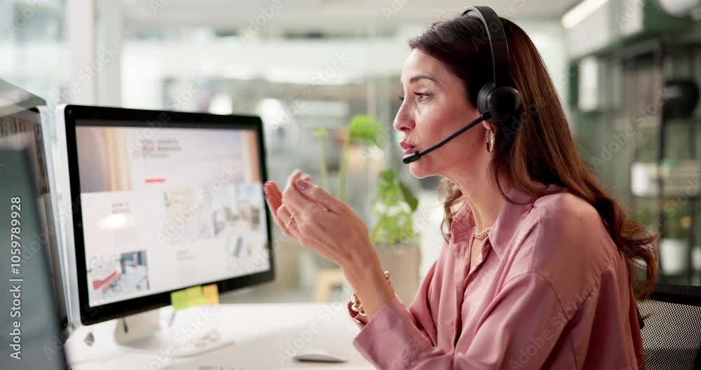 Computer, conversation and feedback with woman in call center office for advice or consulting ...
