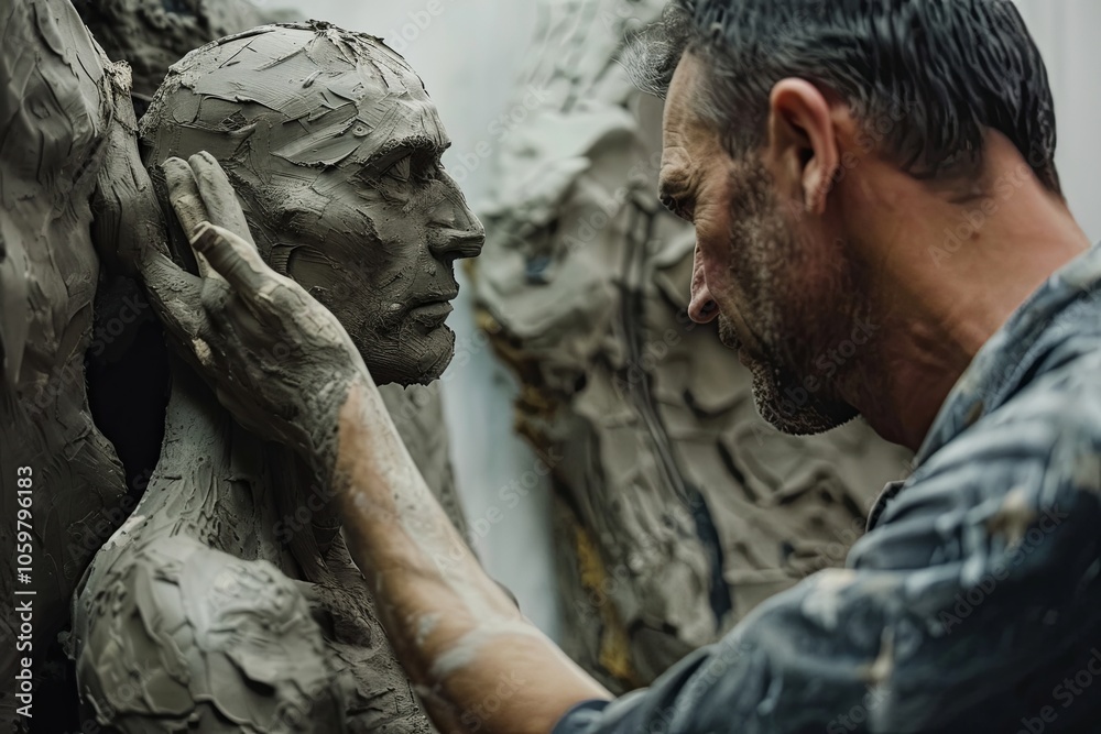 An artist carefully sculpts a clay figure in a well-lit studio ...