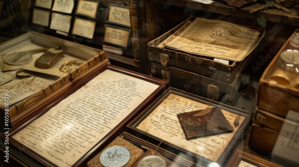 Display case showcasing antique documents, certificates, and artifacts ...