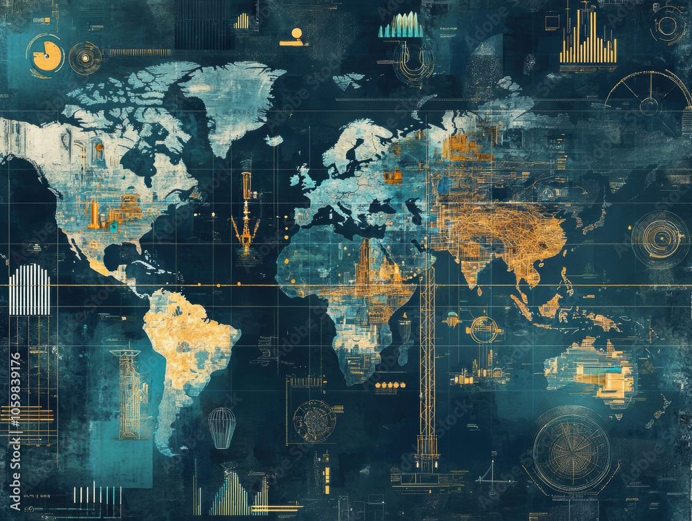 stylized world map with intricate details, suggesting sense of global ...