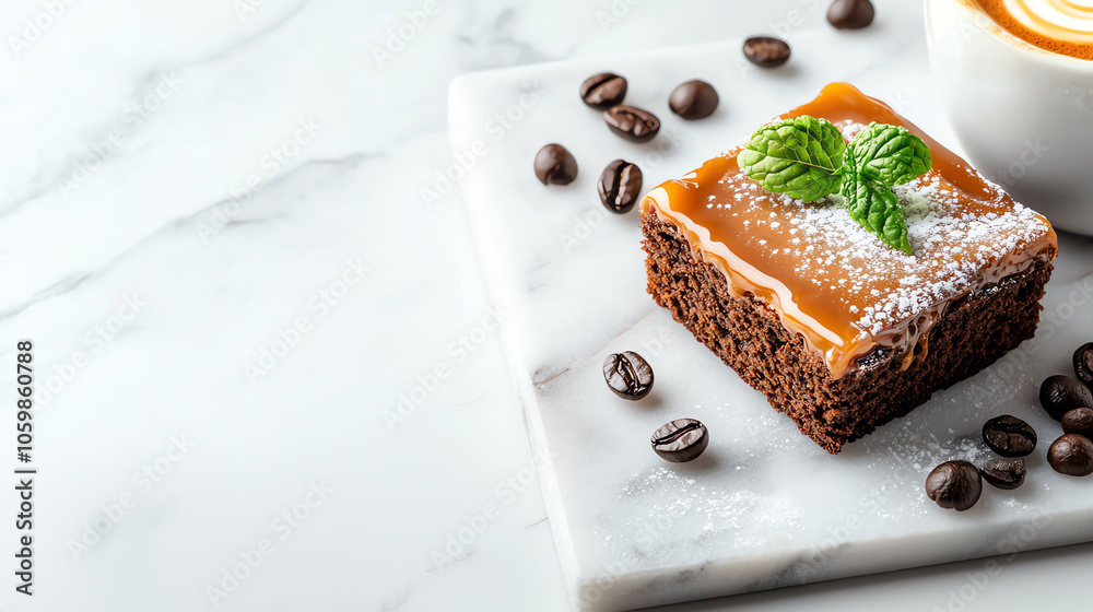 Indulge in decadence espresso caramel brownie delight on a marble slab ...