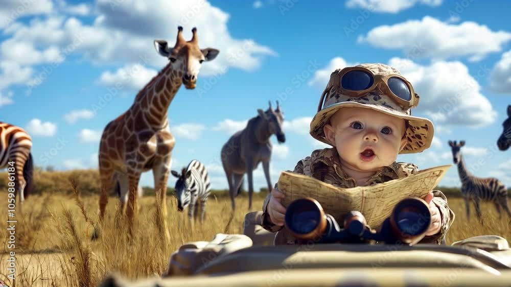 Adorable Curious Baby Explorer on Safari Adventure, Observing African ...