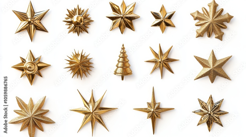 115.A detailed set of Christmas-themed golden stars, featuring shiny ...