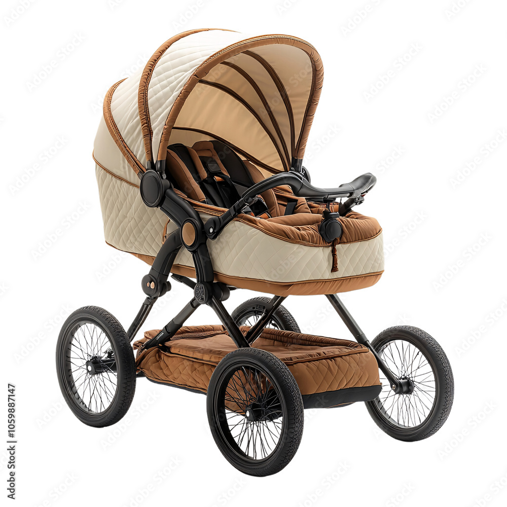 Elegant beige and brown stroller with quilted texture and chrome-spoked ...