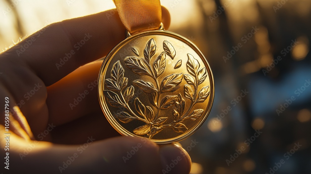 32.A close-up of a shiny gold medal held in hand, with intricate ...