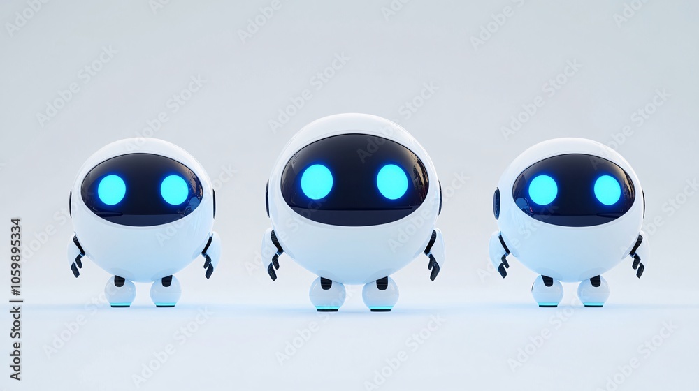cute white robot mascots, glowing blue eyes, rounded egg-shaped bodies ...