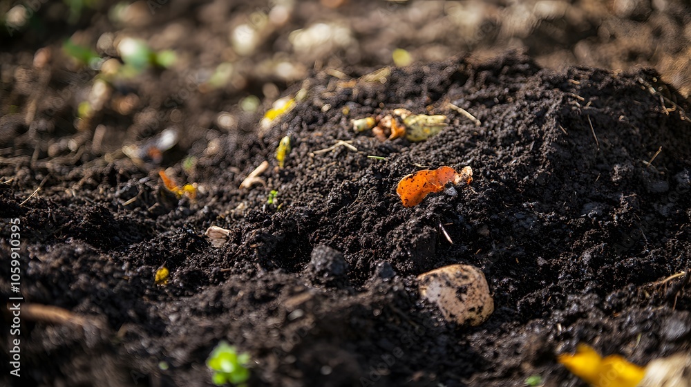 Composting soil with visible decomposing organic matter, nutrients ...