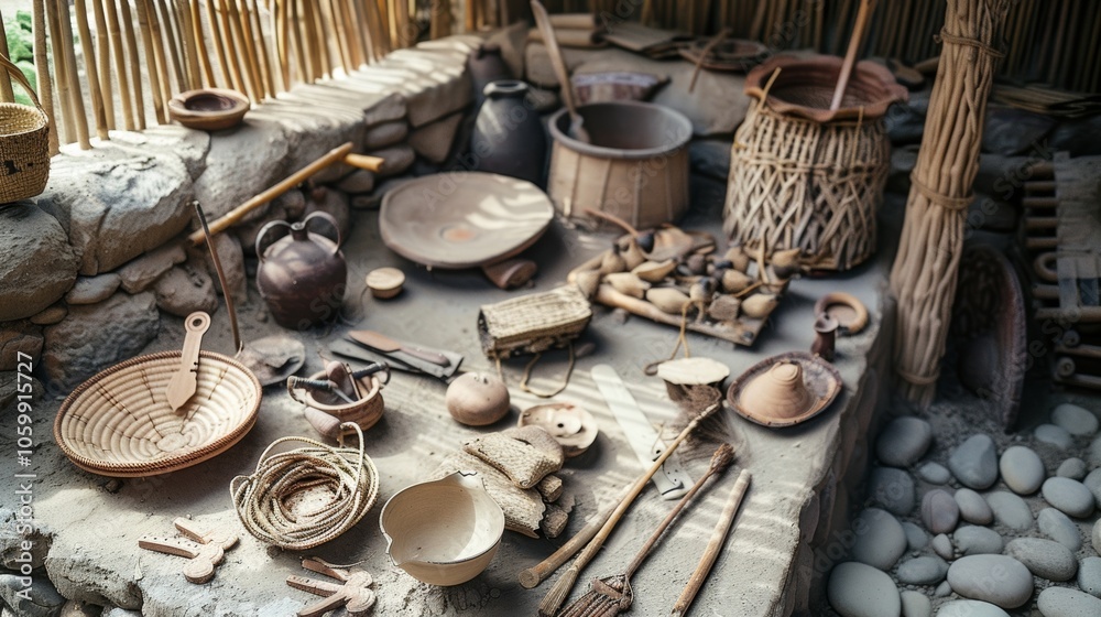Showing various tools and earthenware from an ancient civilization ...