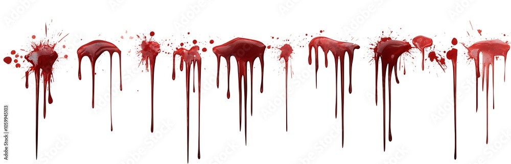 A series of realistic blood drips and splashes spread across a white ...