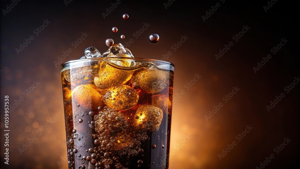 Fizzy soda bubbles rising from a glass filled with chilled cola liquid ...