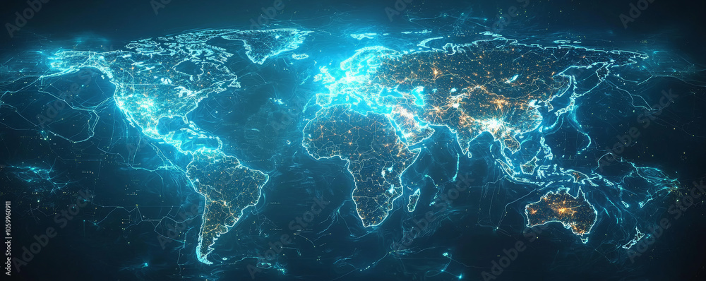 Glowing world map with holographic effects, showcasing illuminated ...