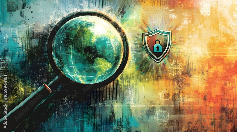 Artistic globe centered with an orbiting magnifying glass,alongside a ...