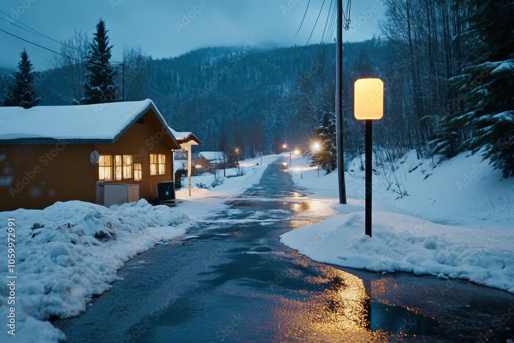 Retro-inspired scene of a blizzard over a snowy road with faint lamp ...