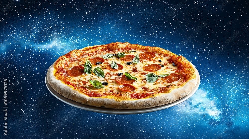 Delightful pepperoni pizza floating in a cosmic galaxy setting perfect ...