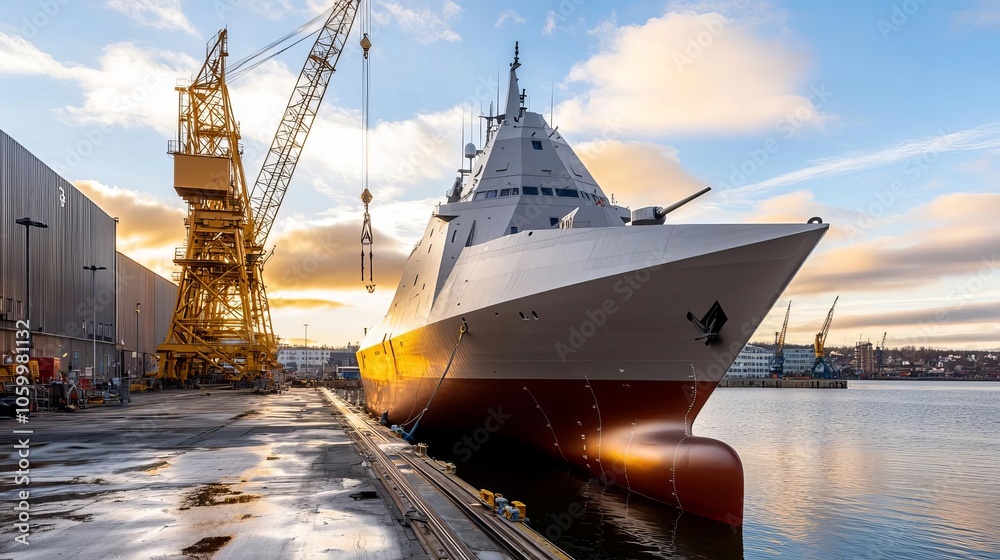 Side view of a completed ship in a dockyard, sleek and ready for launch ...