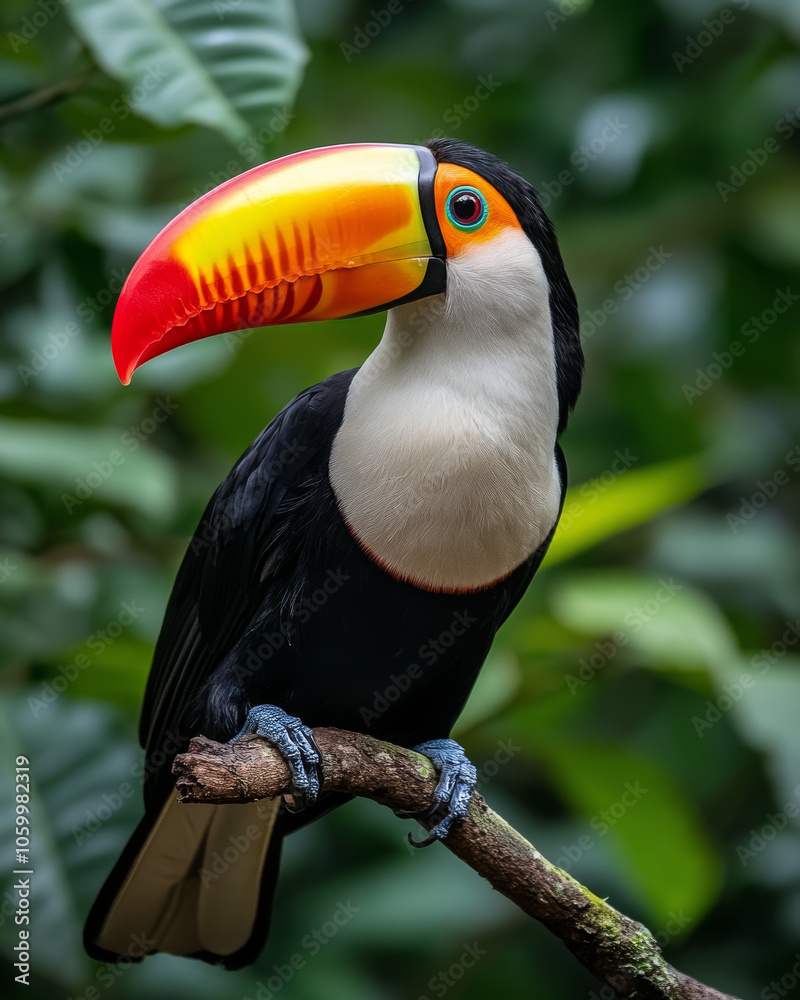 A close-up of a toucan perched on a tree branch in a Costa Rican ...