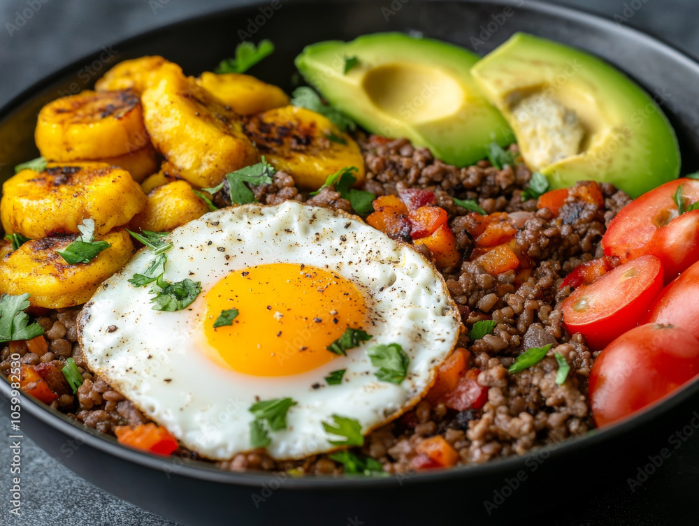 A close-up of a traditional Costa Rican dish, Gallo Pinto, served with ...